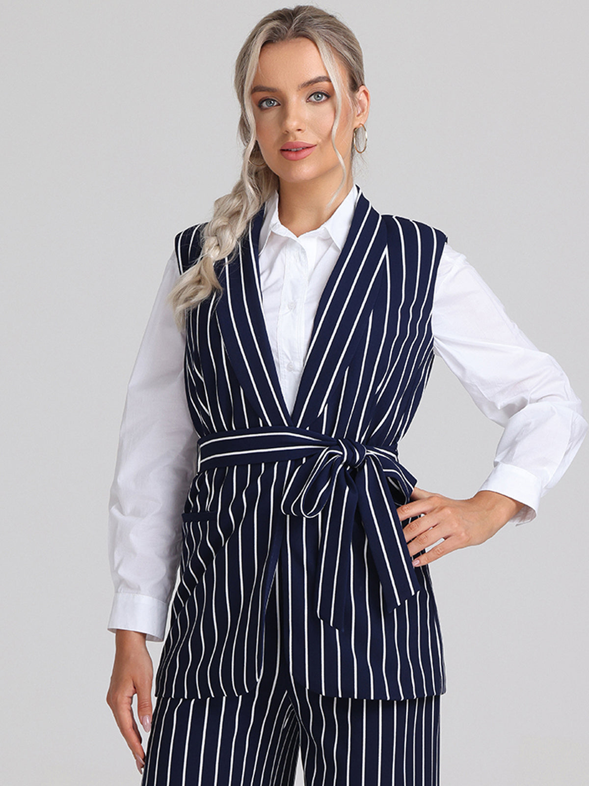 89th & Madison Belted Stripe Sleeveless Blazer